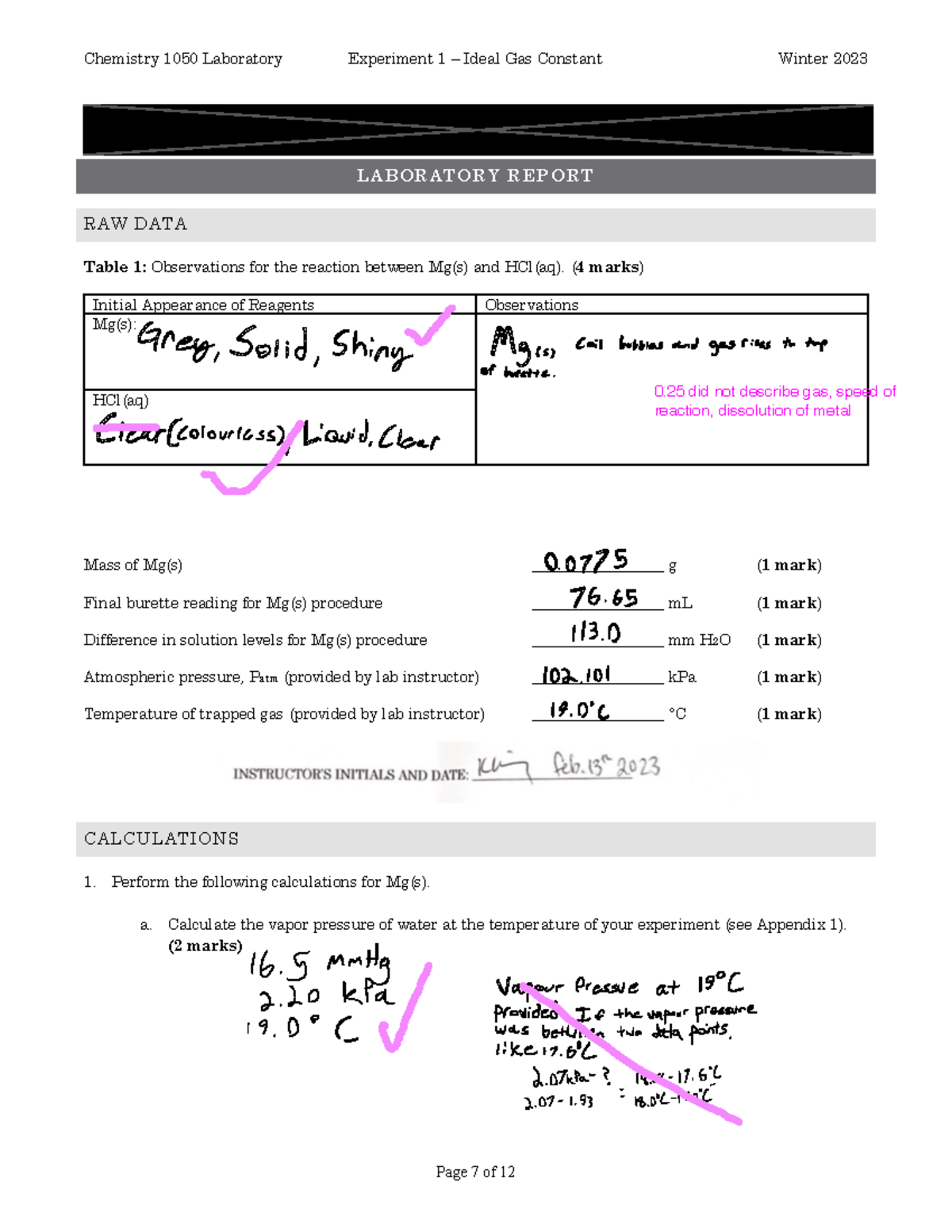 1050lab report 1 - LABORATORY REPORT RAW DATA Table 1: Observations for ...