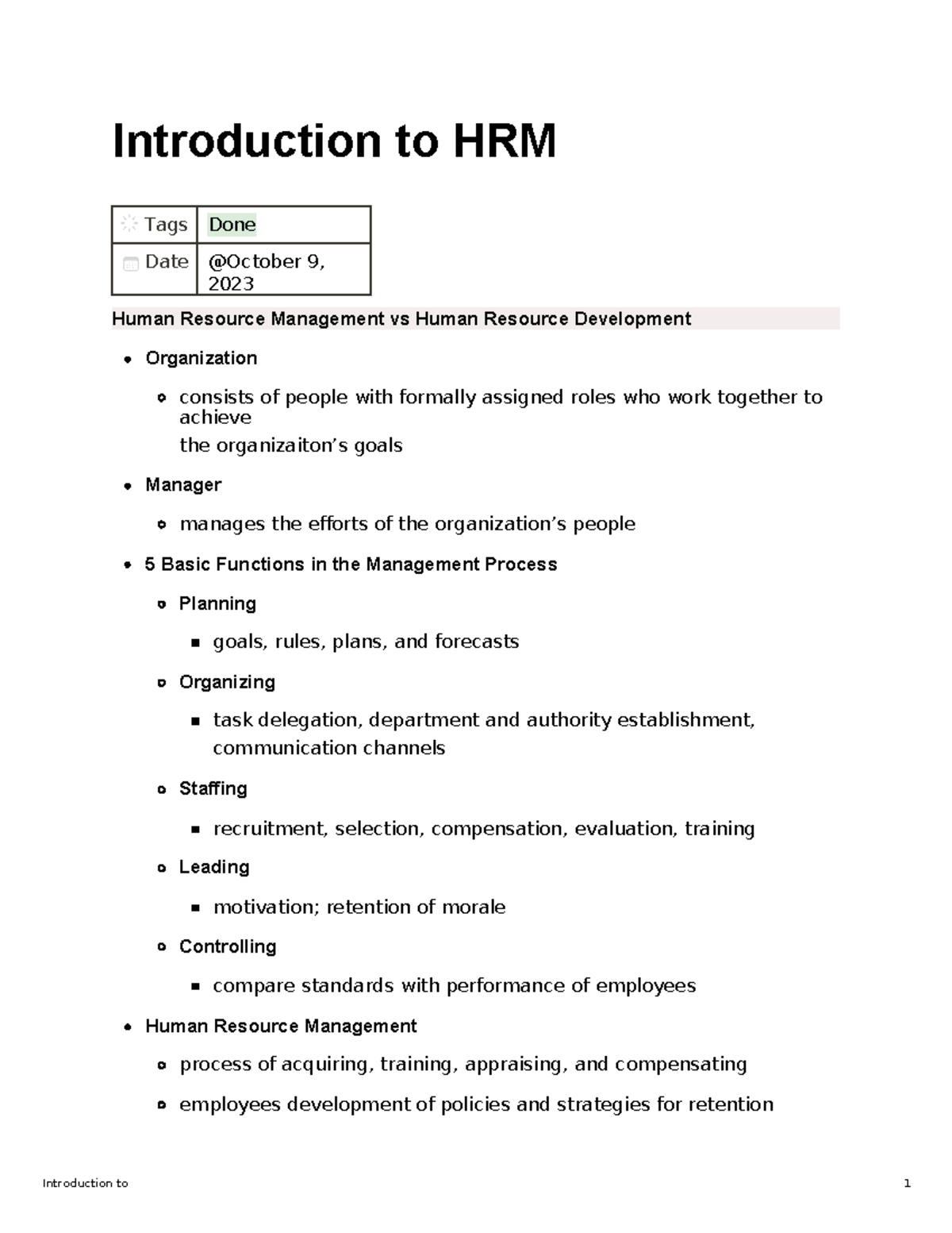 1 Introduction to HRM - Introduction to 1 Introduction to HRM Tags Done ...