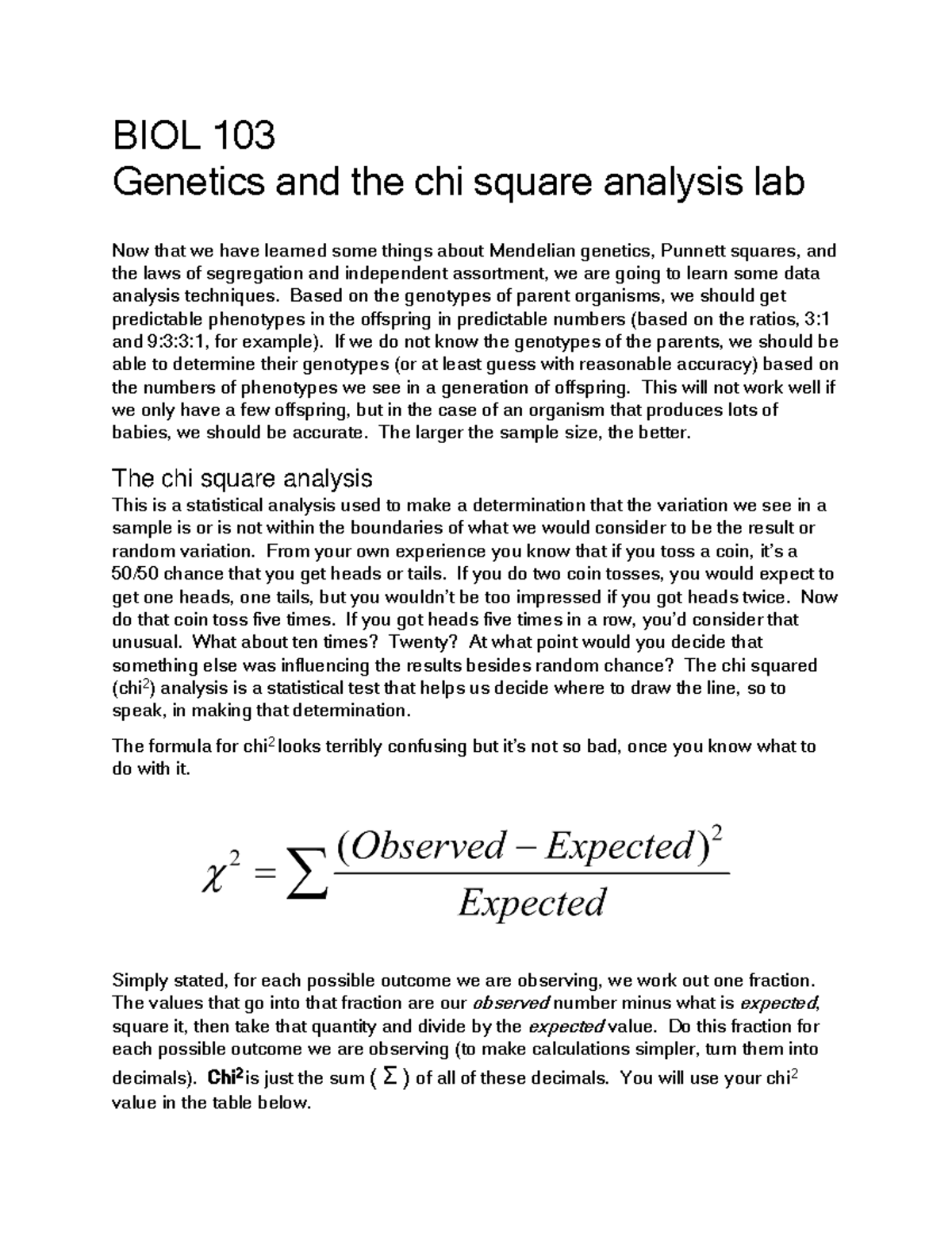 Genetics lab and chi square analysis worksheets and report Spring 2022 ...