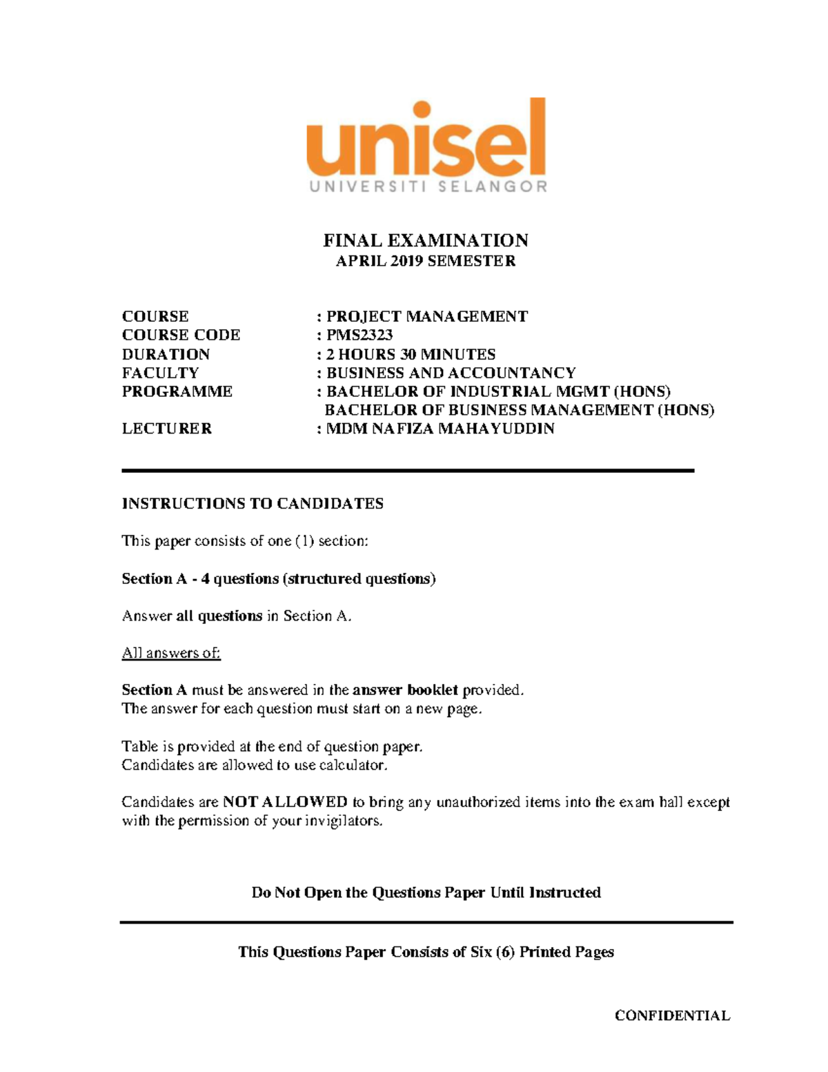 project management 2019 - CONFIDENTIAL FINAL EXAMINATION APRIL 2019 ...