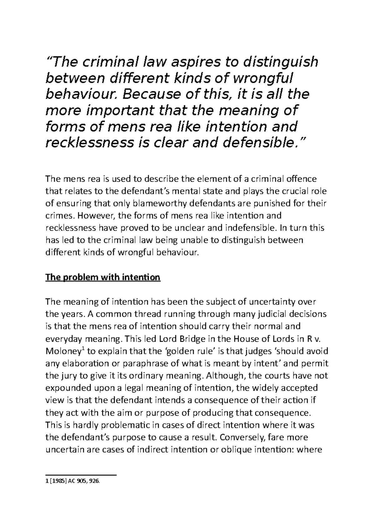 Intnetion - assignments - “The criminal law aspires to distinguish ...