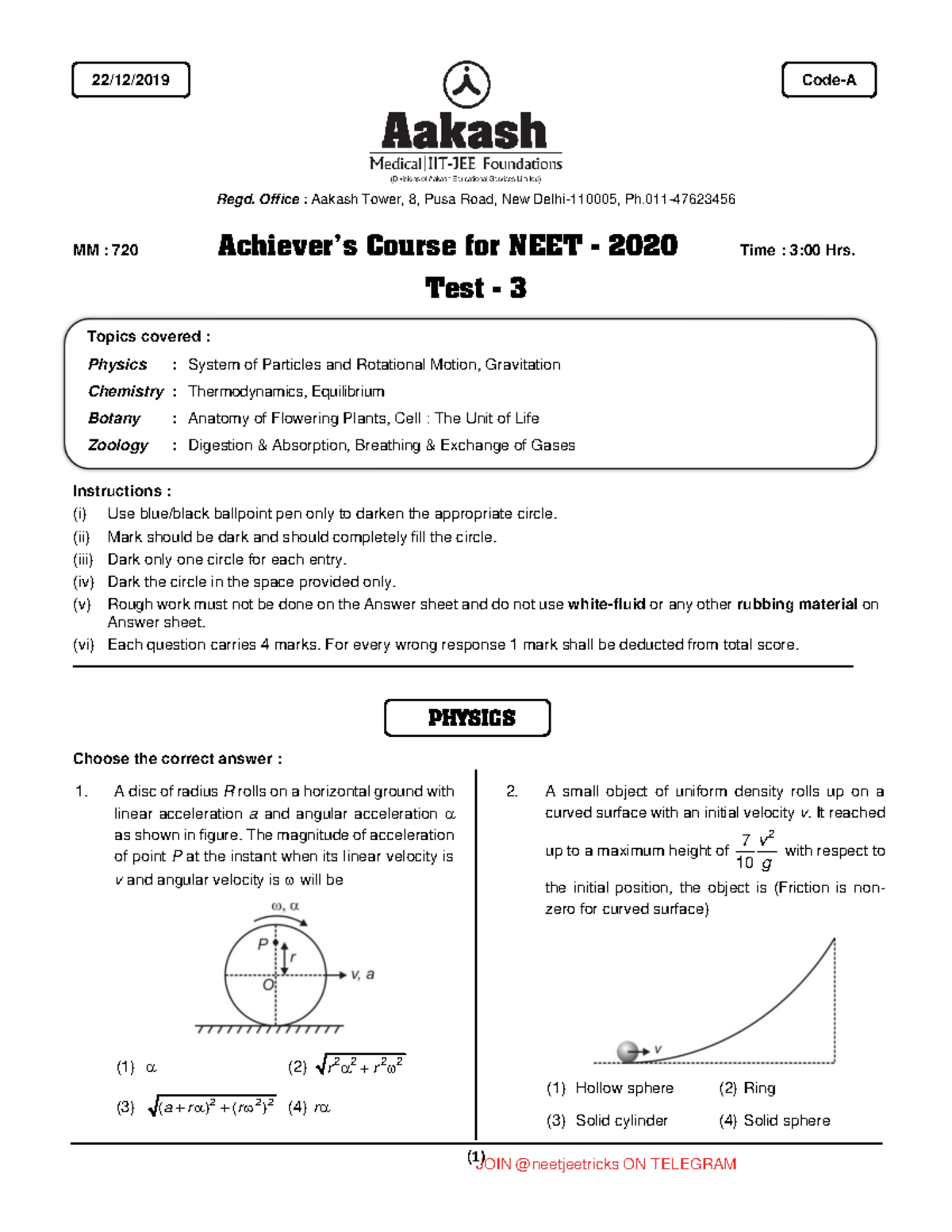 @iitwale join Neet test paper 4 - ( 1 ) Regd. Office : Aakash Tower, 8 ...