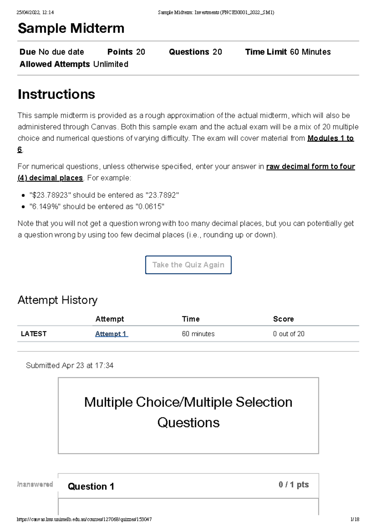Sample Midterm Investments (FNCE30001 2022 SM1) - Sample Midterm Due No ...