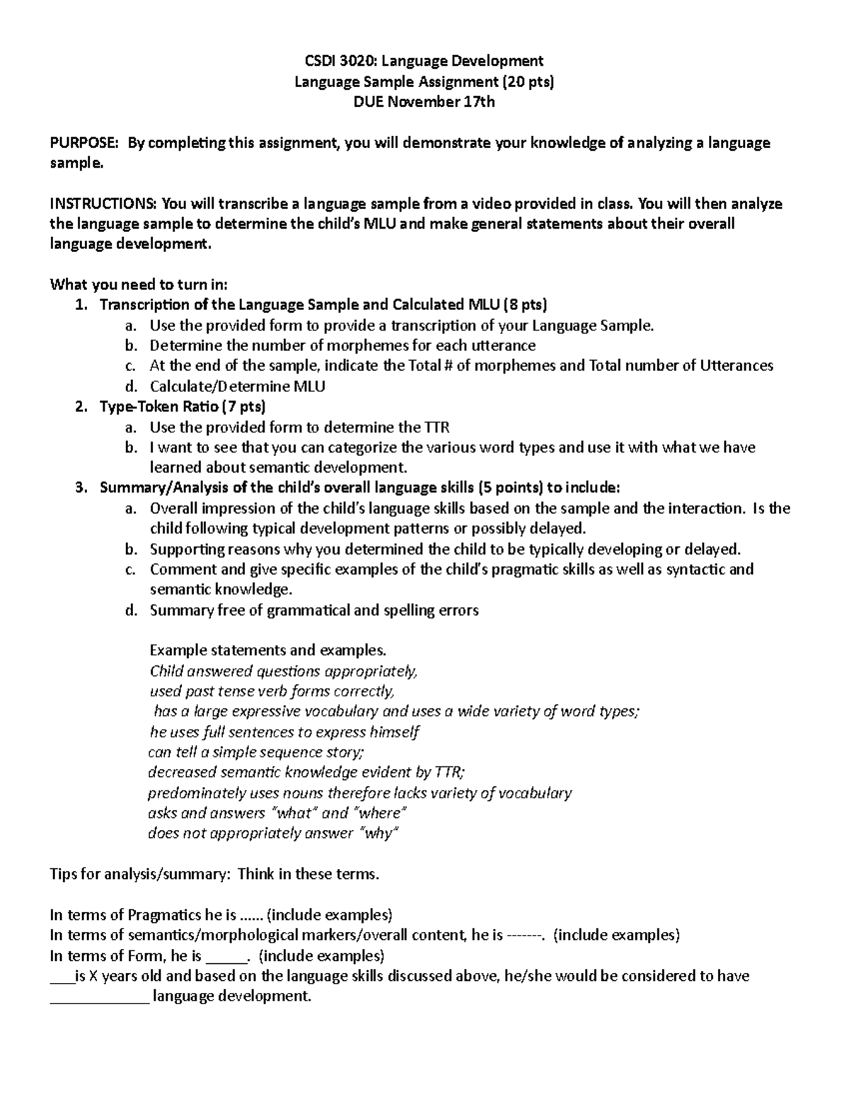 Language Sample Assignment Instructions Fall 2021 CSDI 3020 Language