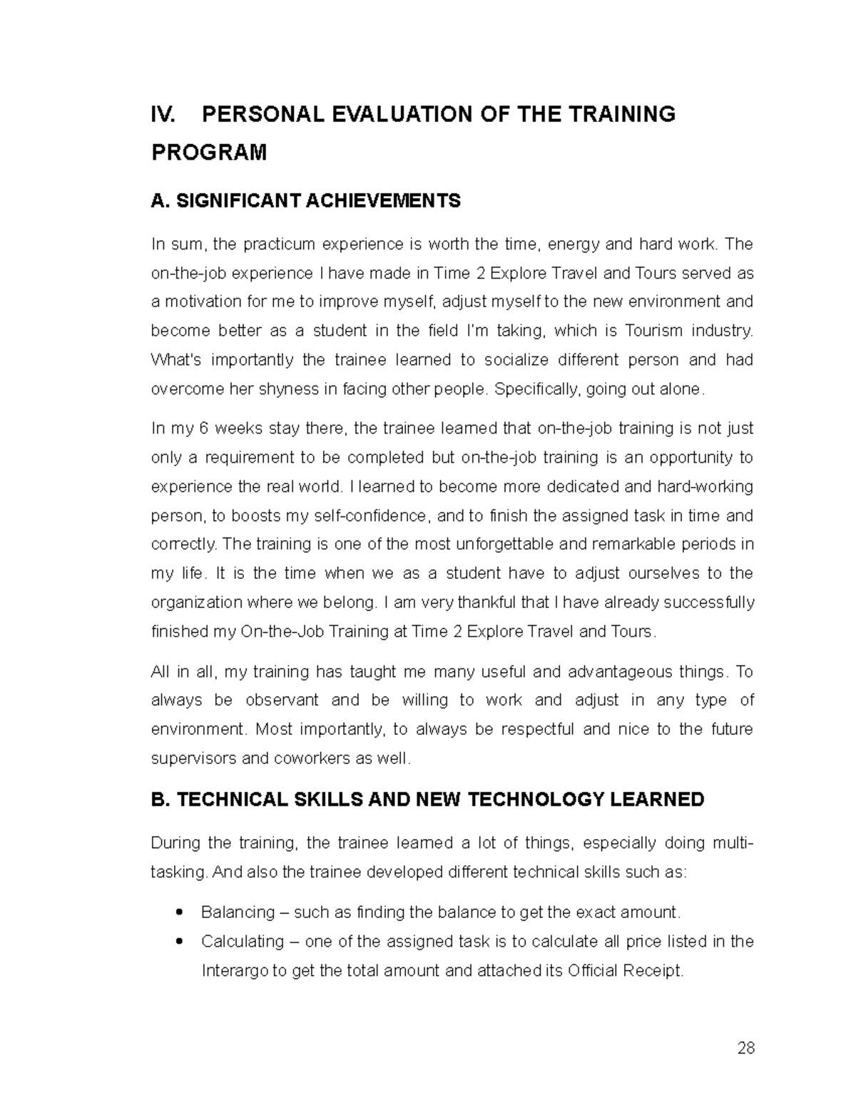 IV.Evaluation of Training Program - IV. PERSONAL EVALUATION OF THE ...