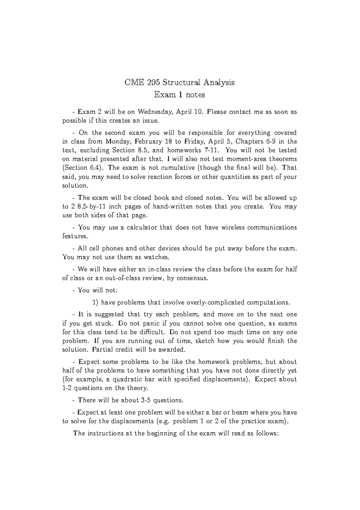 Exam2 review - Practice problems for exam - CME 205 Structural Analysis ...