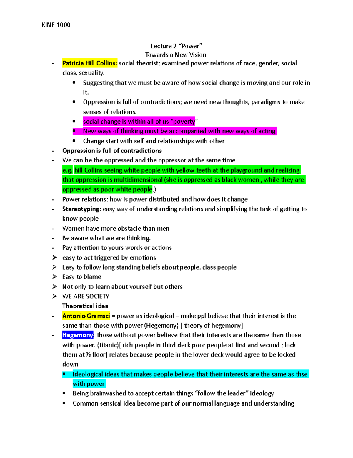 Lecture 2 "power" - KINE 1000 Lecture 2 “Power” Towards a New Vision Patricia Hill Collins ...