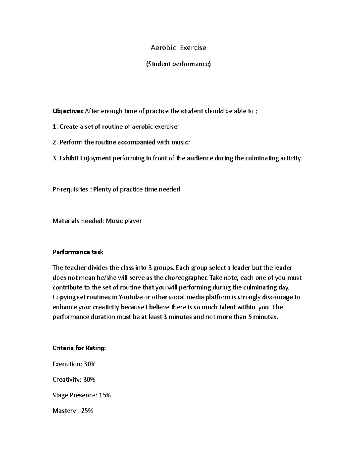 Students Performance with rubric - Aerobic Exercise (Student ...