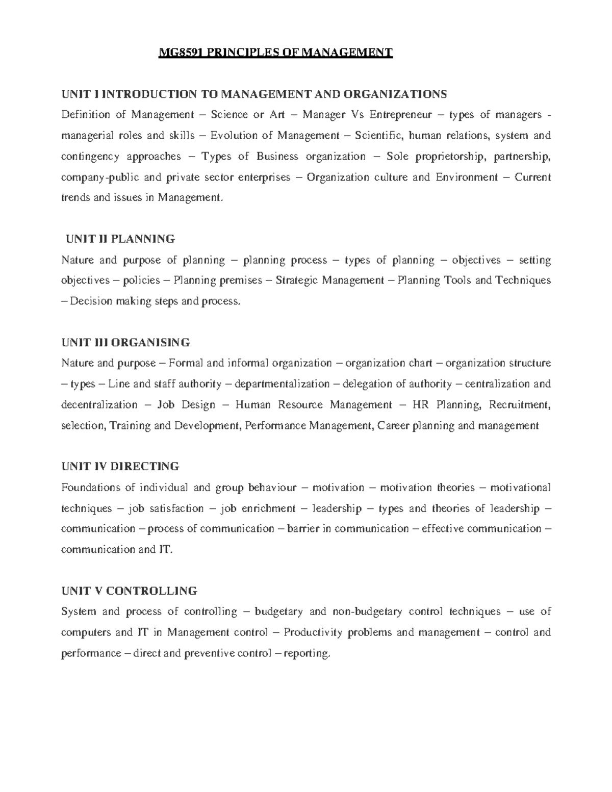 POM Notes - 5 Units - MG8591 PRINCIPLES OF MANAGEMENT UNIT I ...