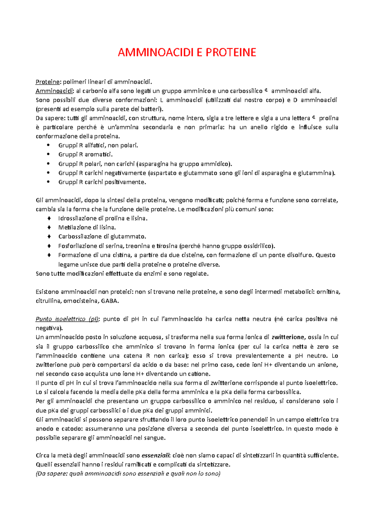 Lezione 12 - appunti - AMMINOACIDI E PROTEINE Proteine: polimeri ...