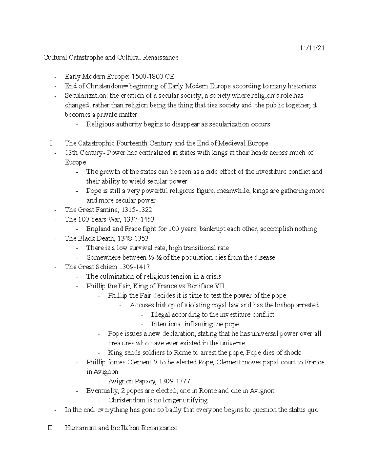 West and the World to 1750 Lecture Notes Unit 3 - 11/11/ Cultural ...
