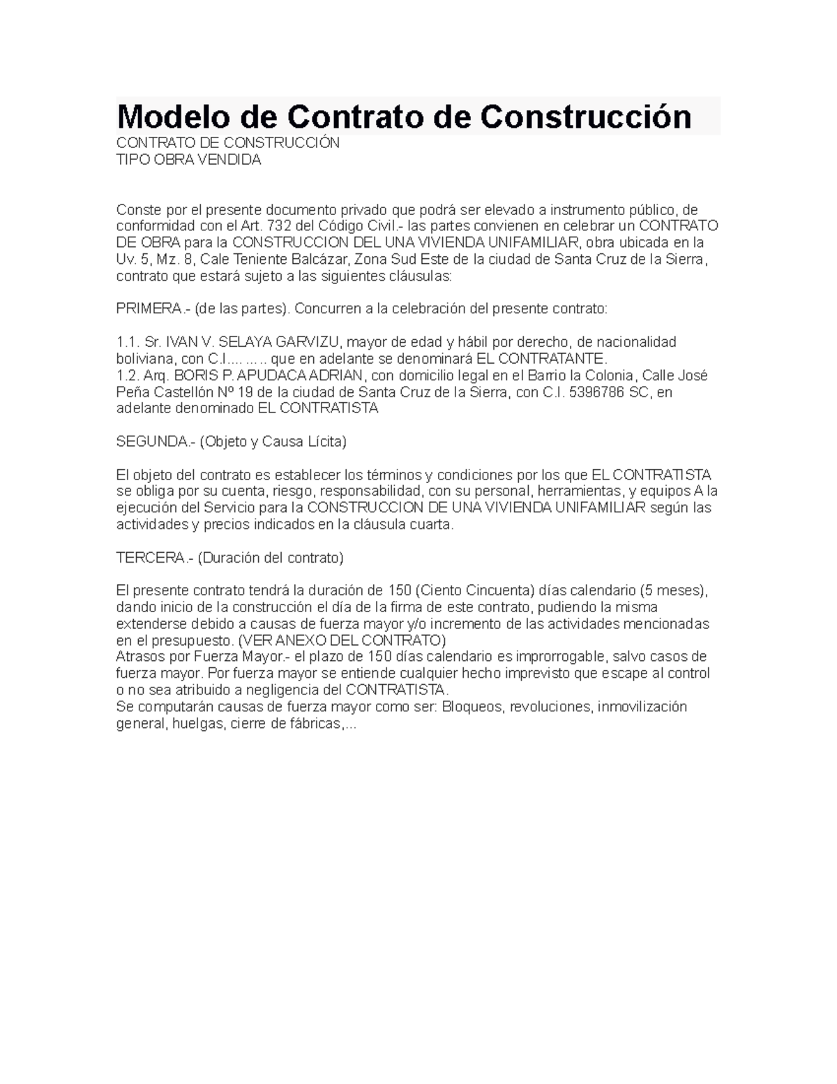 408457221 Modelo de Contratos de Construccion - Modelo de Contrato de Construcción CONTRATO DE ...