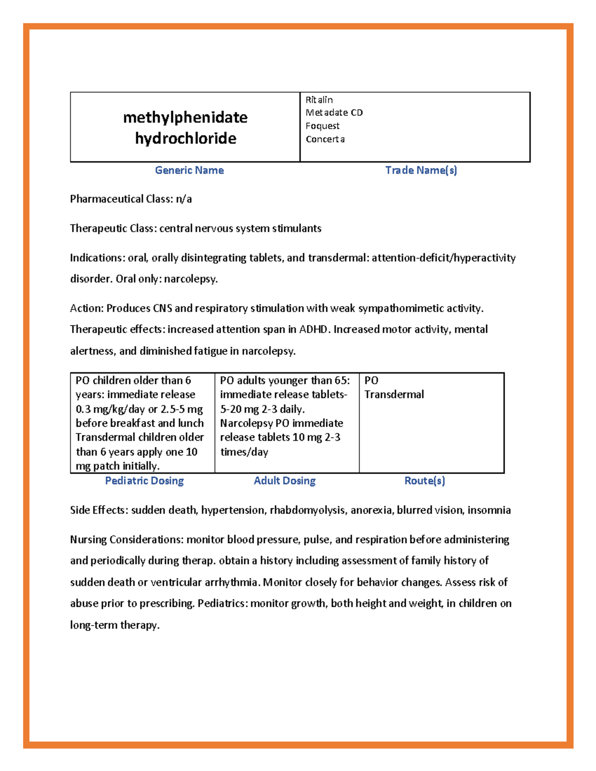 Week 2 Medication Cards - methylphenidate hydrochloride Ritalin ...