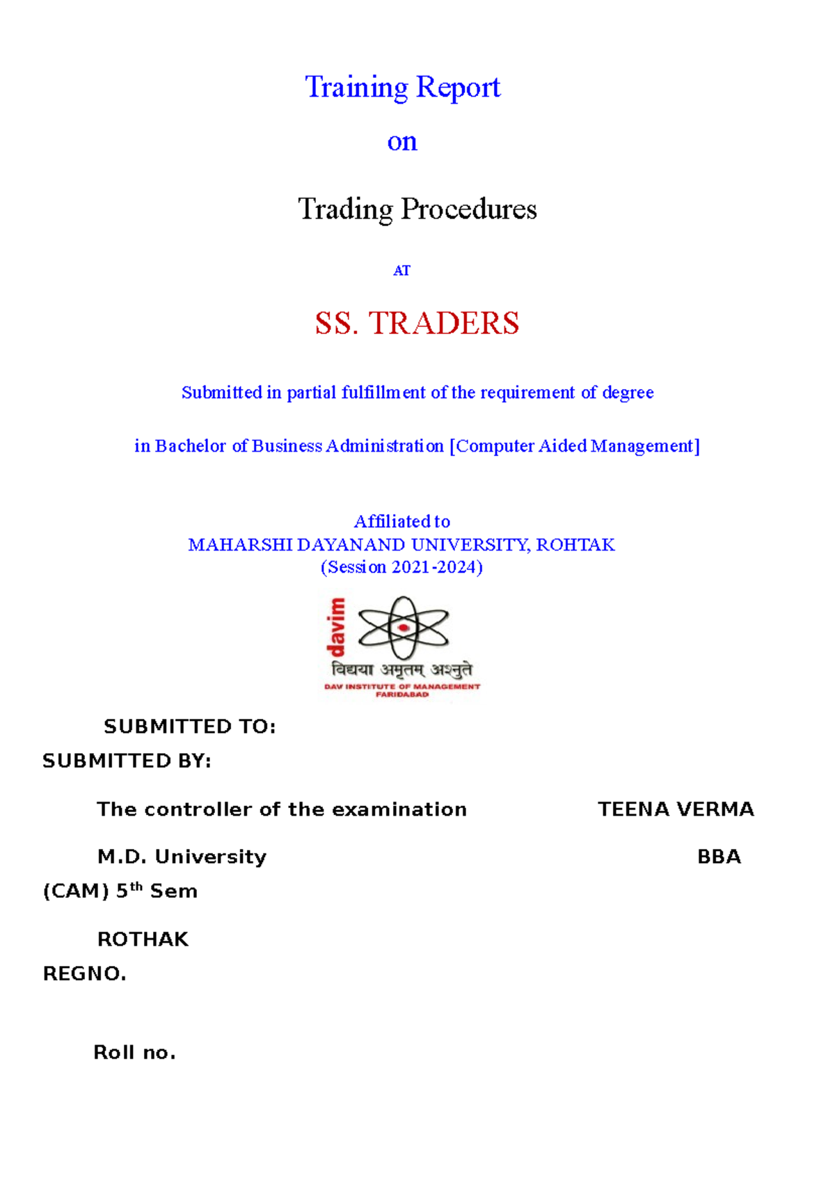 Teena verma 3 - ncjshcj - Training Report on Trading Procedures AT SS ...