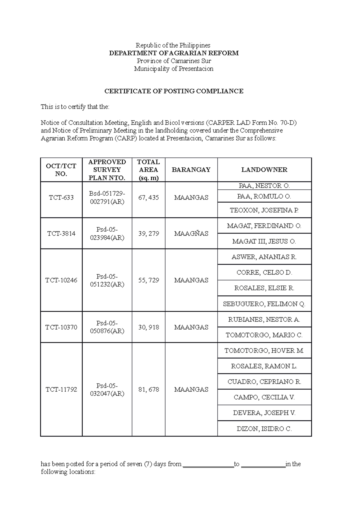 Updated Posting- Notice - Republic of the Philippines DEPARTMENT OF AGRARIAN REFORM Province of ...