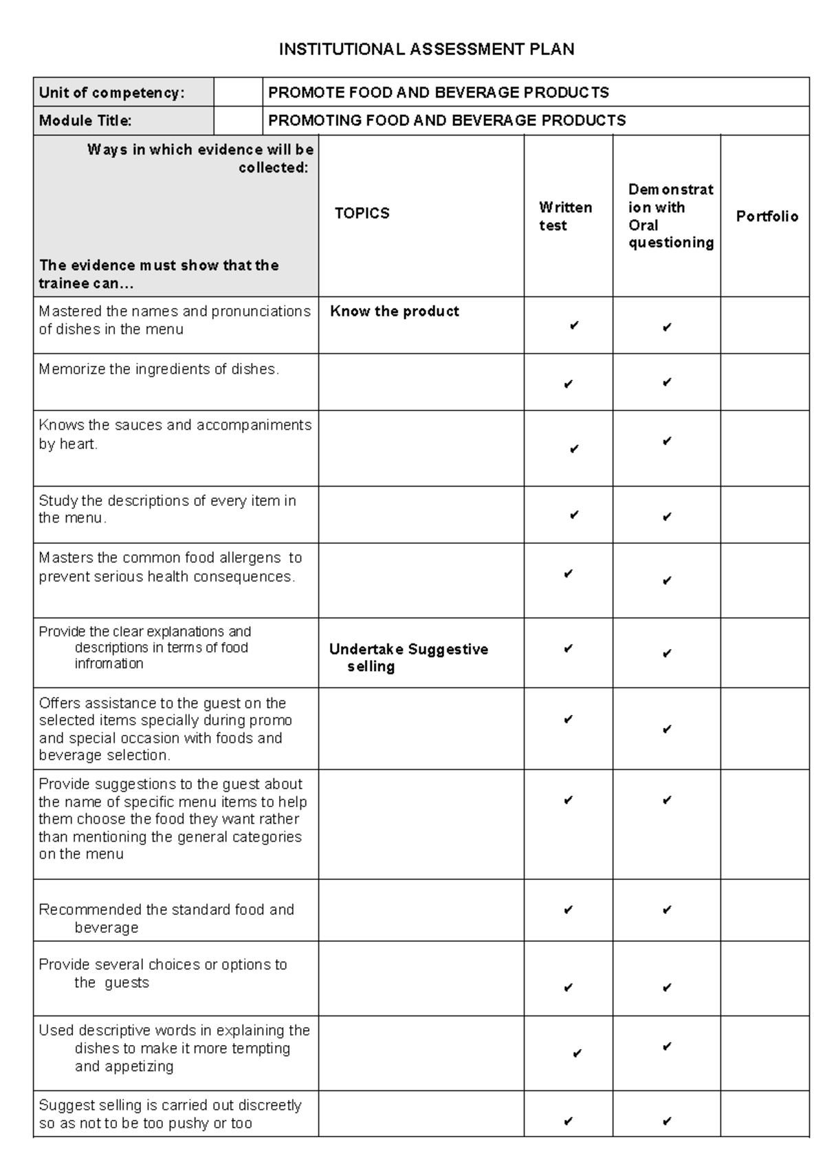 Capala Venancio-Ace Evidence-Plan - INSTITUTIONAL ASSESSMENT PLAN Unit ...