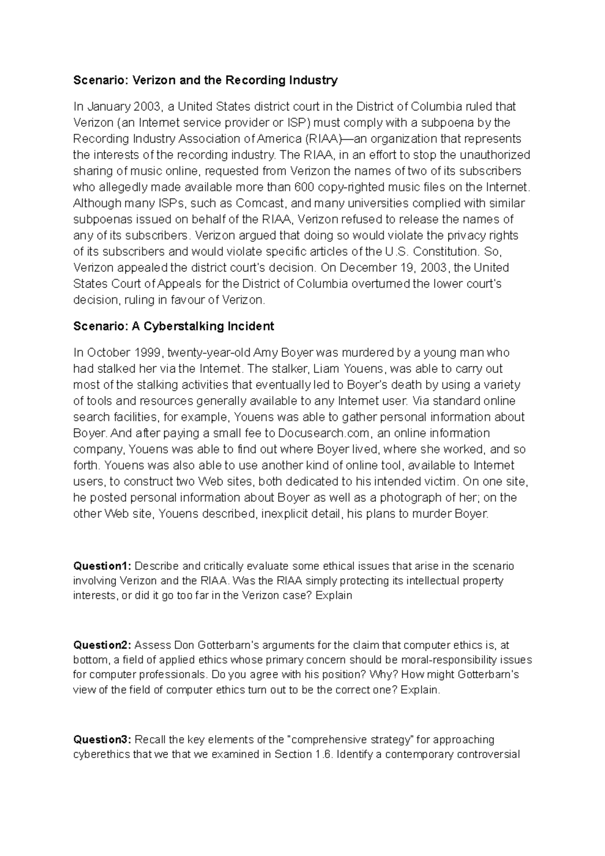 Tutorial 1 Questions - introduction to cyber ethics - Scenario: Verizon ...