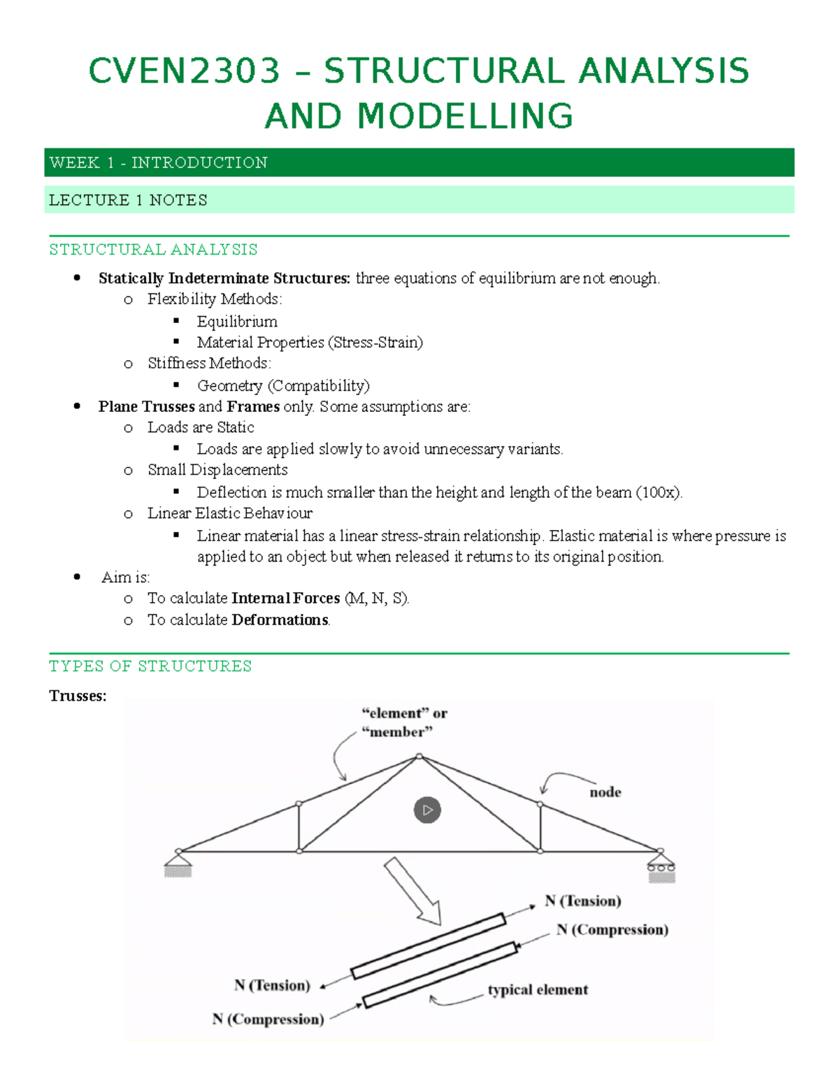CVEN2303 - Full Notes - CVEN2303 – STRUCTURAL ANALYSIS AND MODELLING ...