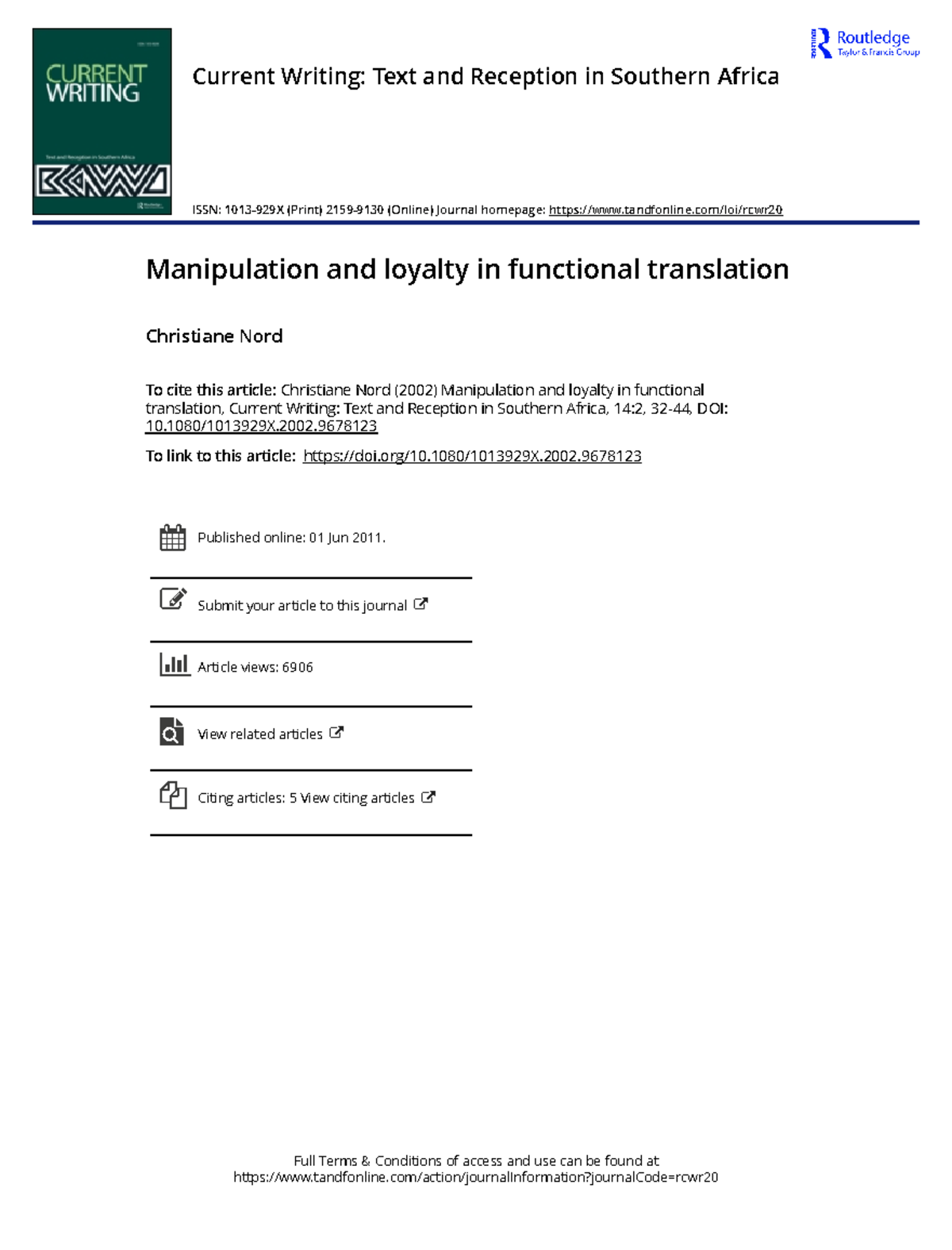 Manipulation and loyalty in functional translation - 1080/1013929X. To ...