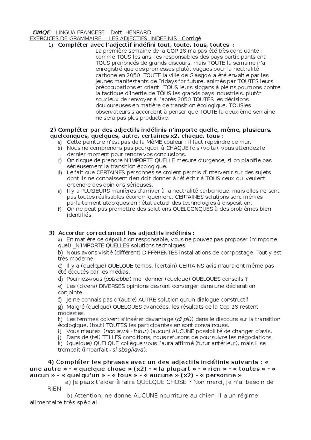 Adjectifs indéfinis- Corrigé - DMQE - LINGUA FRANCESE – Dott. HENRARD ...