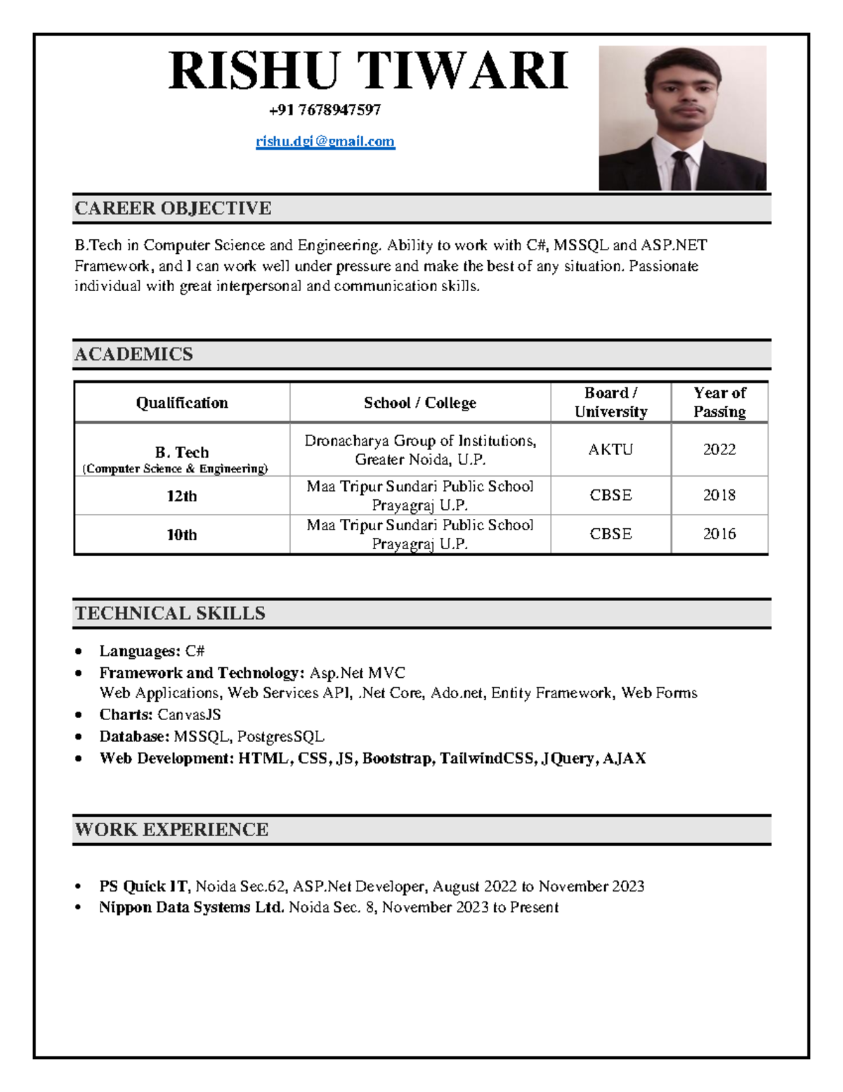 Rishu Tiwari Resume 2024 - RISHU TIWARI +91 7678947597 rishu@gmail CAREER OBJECTIVE B in ...