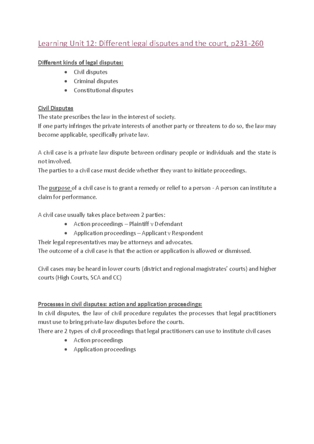 Introduction to law Learning Unit 12 Notes - BIL1110 - Unisa - Studocu