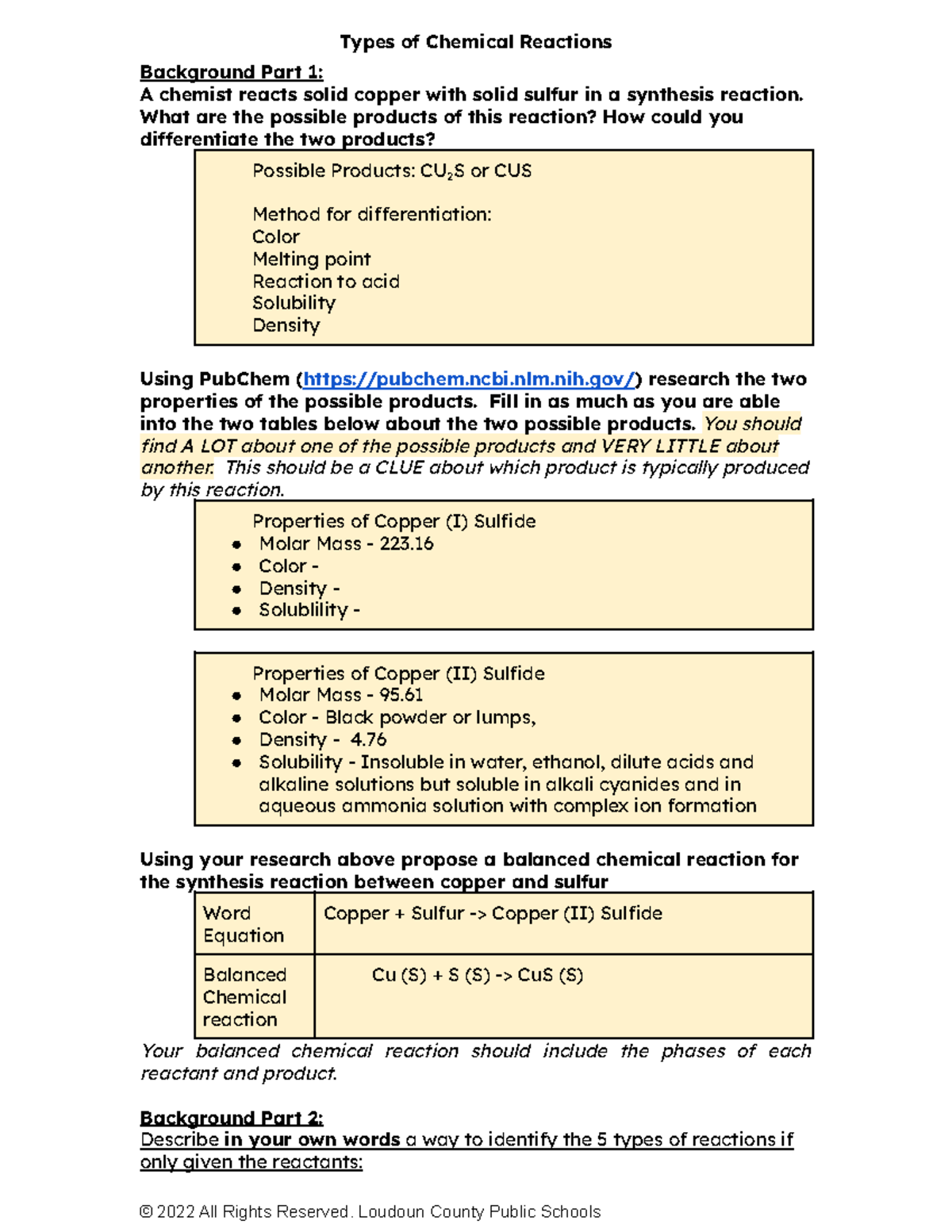Prelab for reactions - Types of Chemical Reactions Background Part 1: A ...