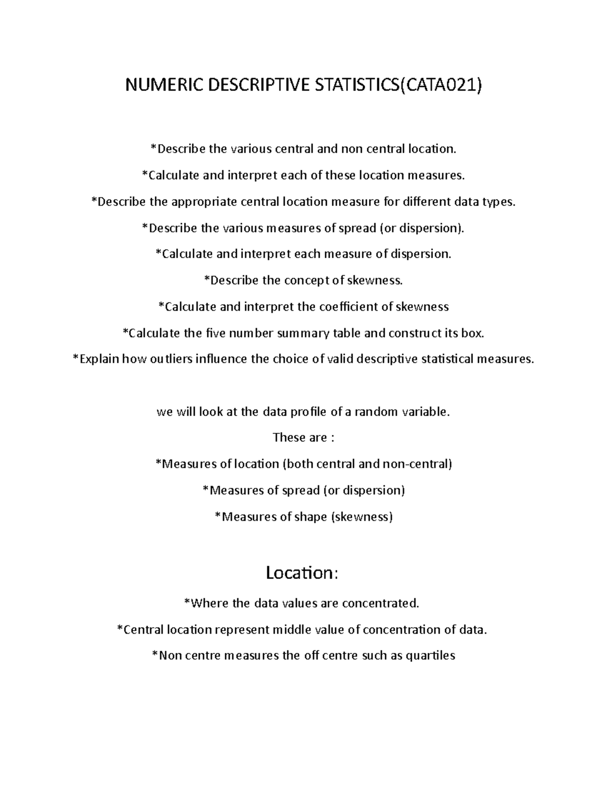 Numeric Descriptive Statistics - NUMERIC DESCRIPTIVE STATISTICS(CATA021 ...