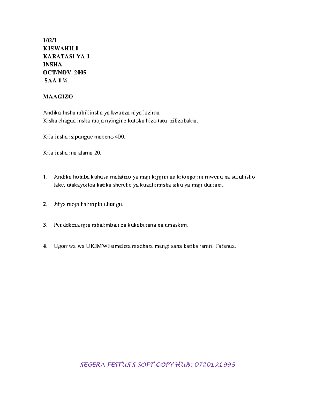 Kiswahili PP1 - very nice - K1SWAHILI KARATASI YA 1 INSHA OCT/NOV. 2005 ...