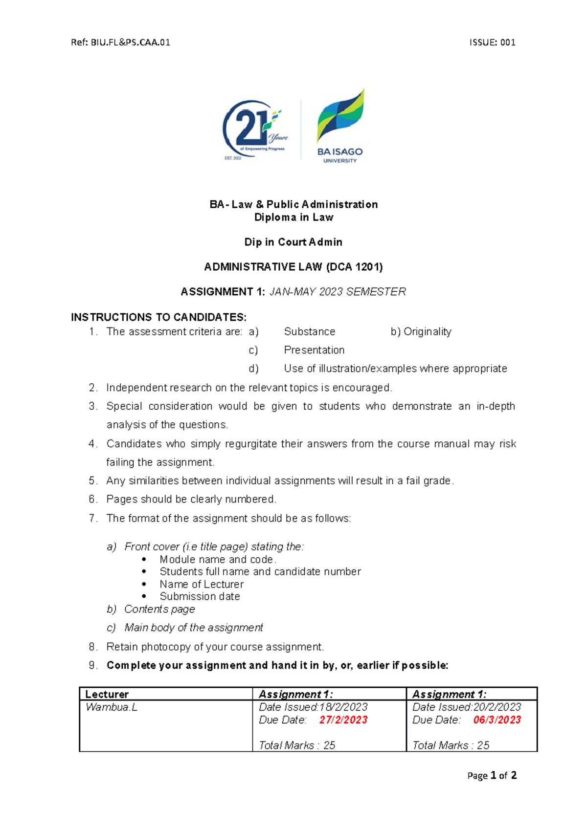 Assign 1-2.Administrative Law-Feb 2023 - Ref: BIU&PS.CAA ISSUE: 001 BA ...