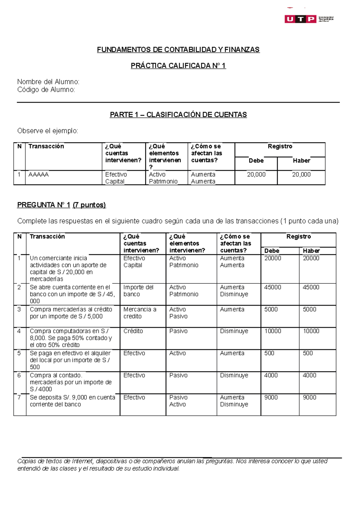 PC1 54 - PRÁCTICA CALIFICADA N° 1 - FUNDAMENTOS DE CONTABILIDAD Y FINANZAS PRÁCTICA CALIFICADA N ...