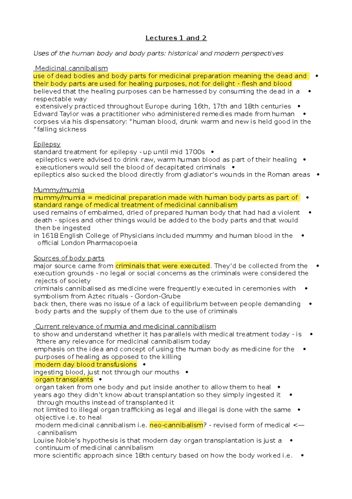 Lectures 1 and 2 - Uses of the human body and body parts: historical ...