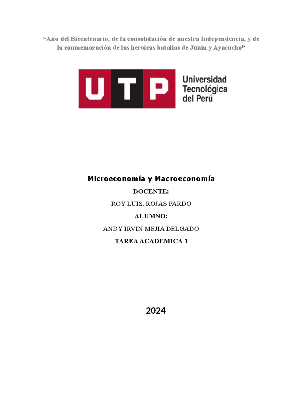 Tarea Académica 1 ANDY Mejia - “Año del Bicentenario, de la ...