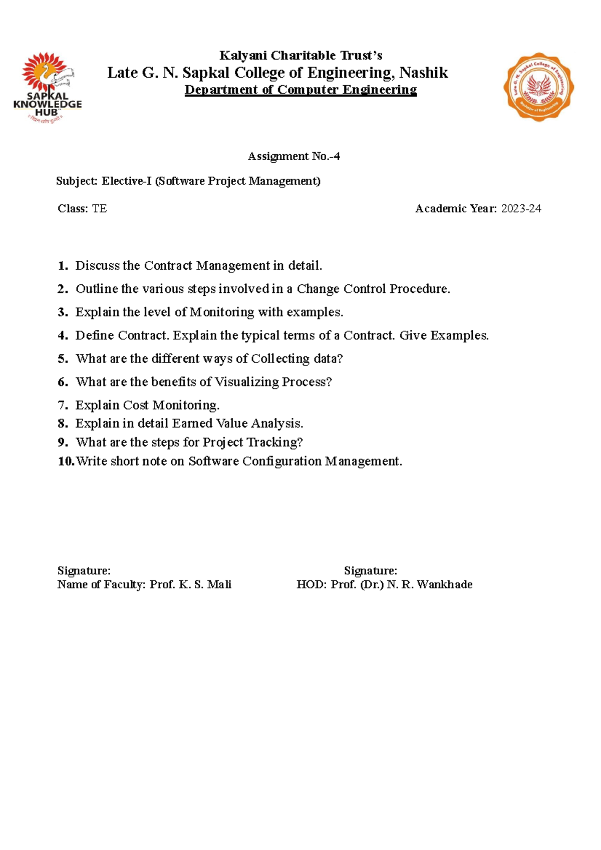 TE SPM Assignment no 4 - Kalyani Charitable Trust’s Late G. N. Sapkal ...