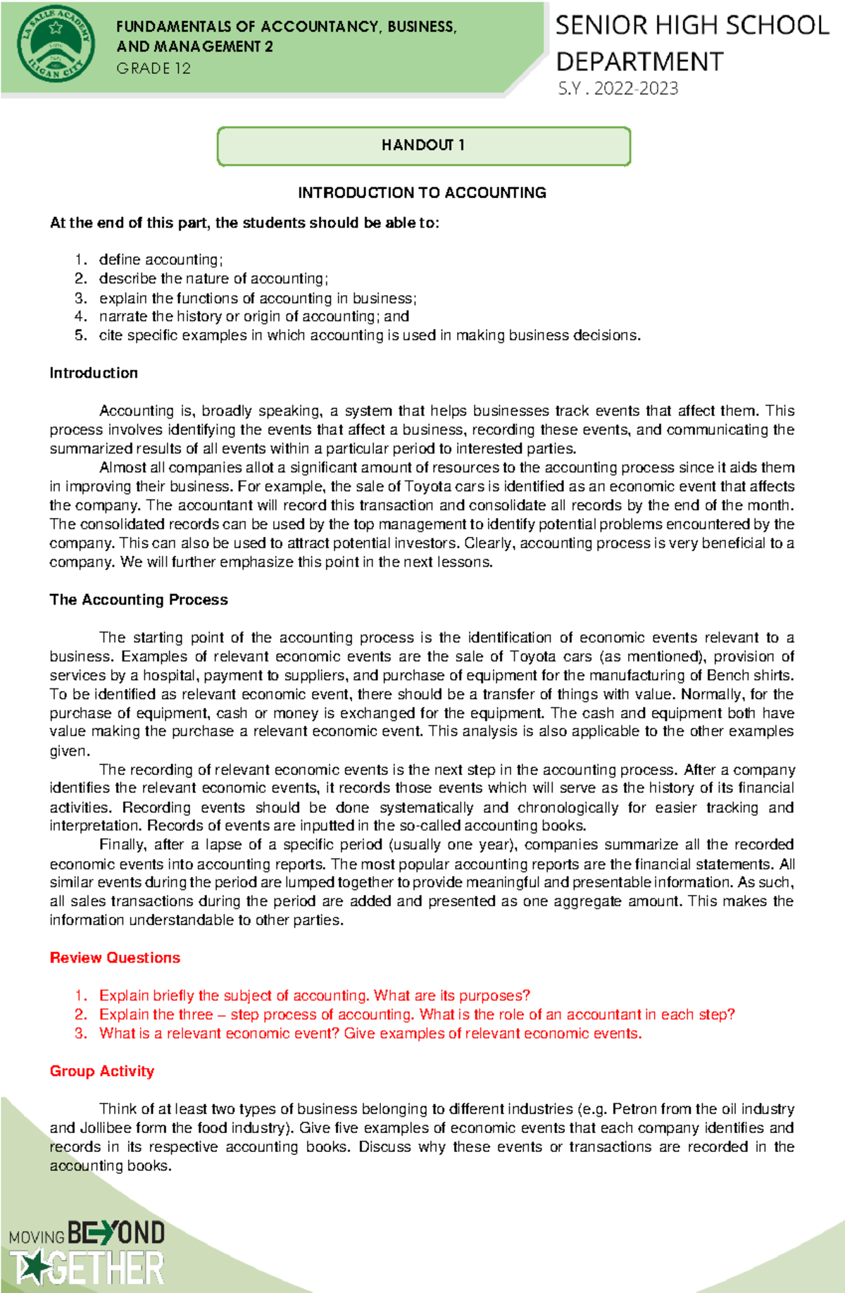 AY2223 FABM1 Handout-1 - AND MANAGEMENT 2 GRADE 12 INTRODUCTION TO ...