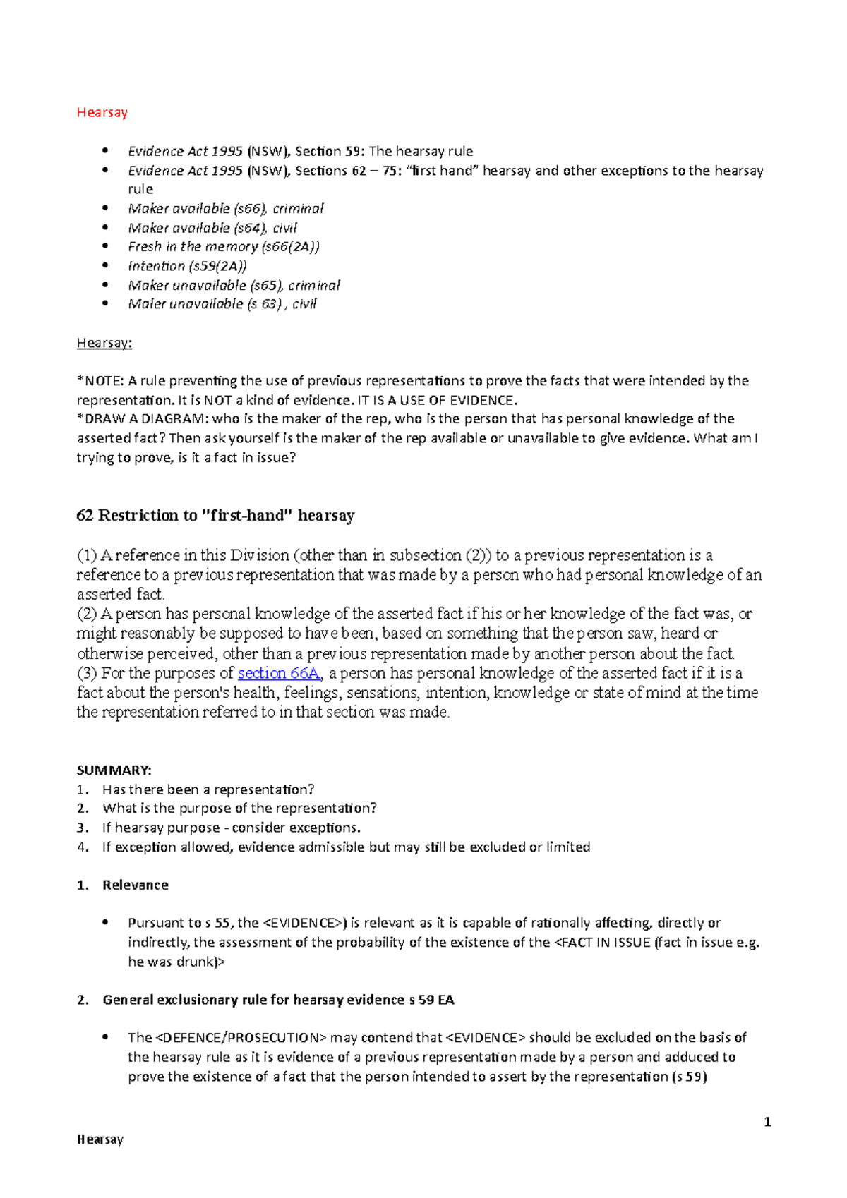 Hearsay - Hearsay Evidence Act 1995 (NSW), Section 59: The hearsay rule ...