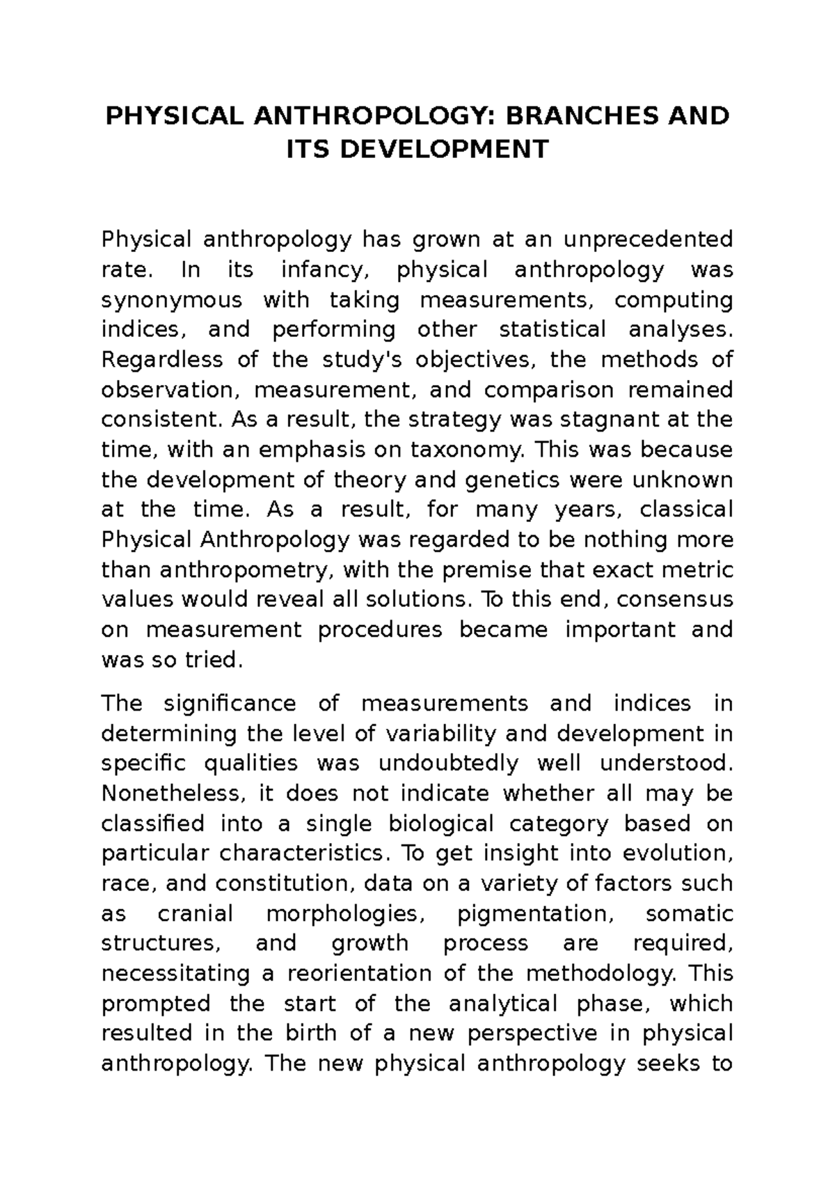 Physical Anthropology Branches AND ITS Development - PHYSICAL ...