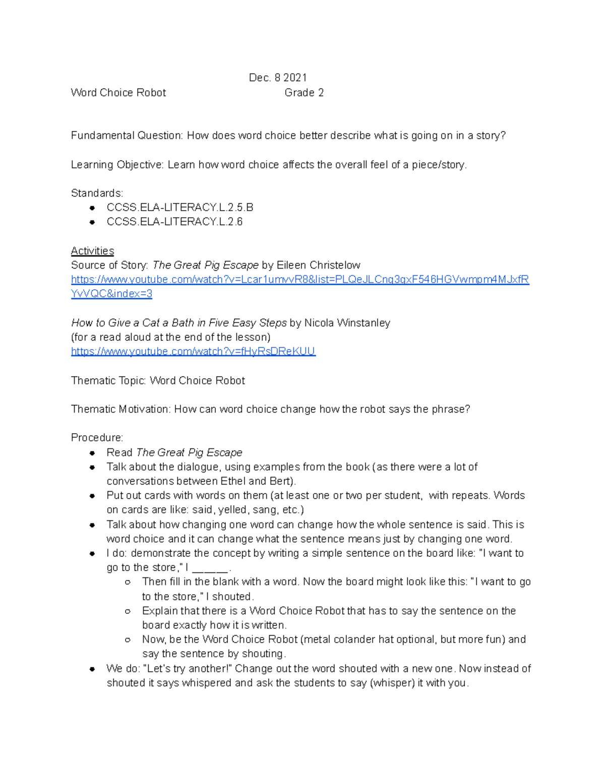 K Smith Word Choice Lesson - Dec. 8 2021 Word Choice Robot Grade 2 ...