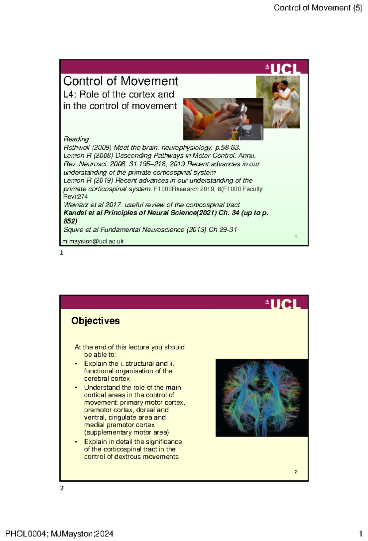 L5 Control of Movement 04: Cortical systems in motor control - 1 ...