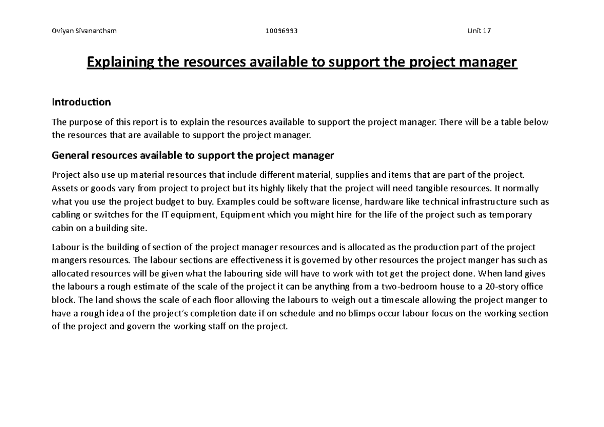 P2 Explaining the resources available to support the project manager ...