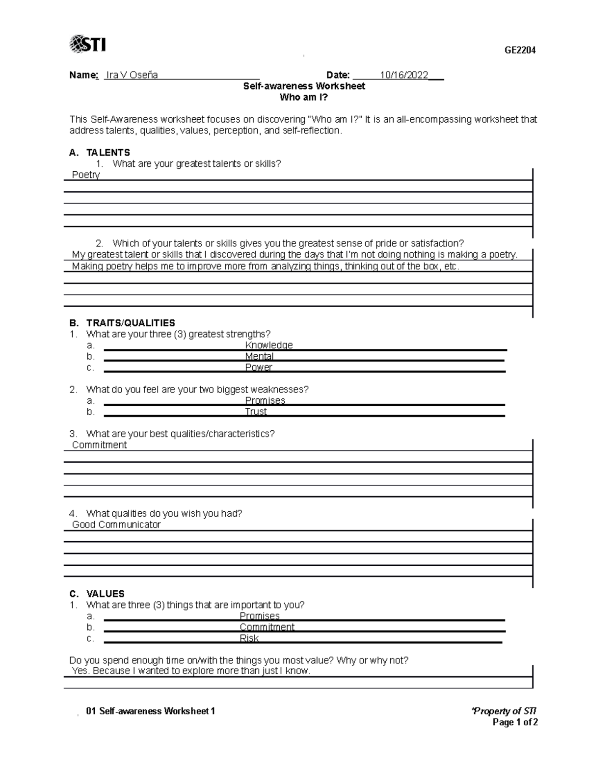 I am sharing '01 Self-awareness Worksheet 1 (1)' with you - GE Name ...