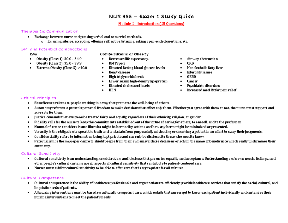 Nur 355 - Exam 1 - Study Guide - Module 1 – Introduction (15 Questions ...