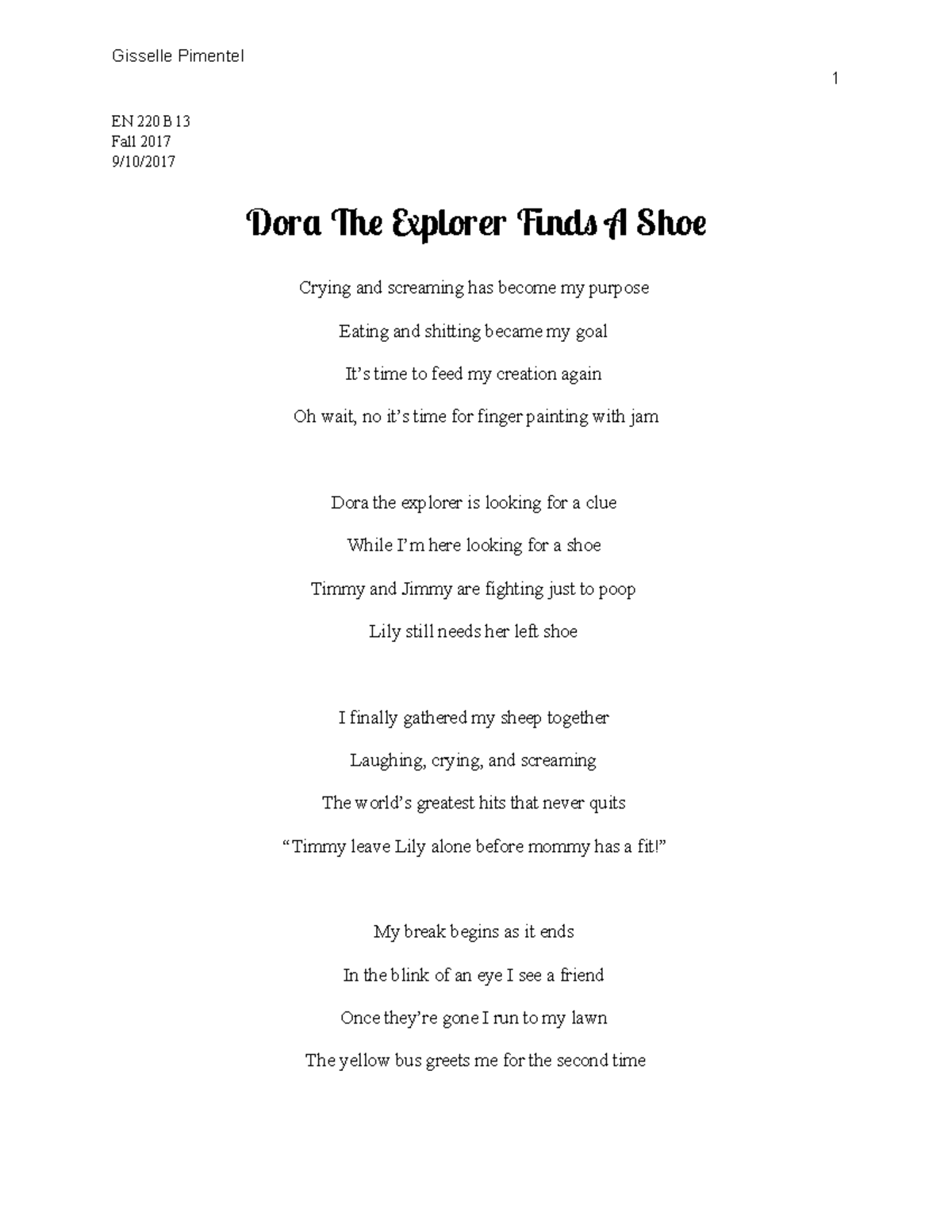 Poem #3 Dora The Explorer Finds A Shoe - Gisselle Pimentel 1 EN 220 B13 ...