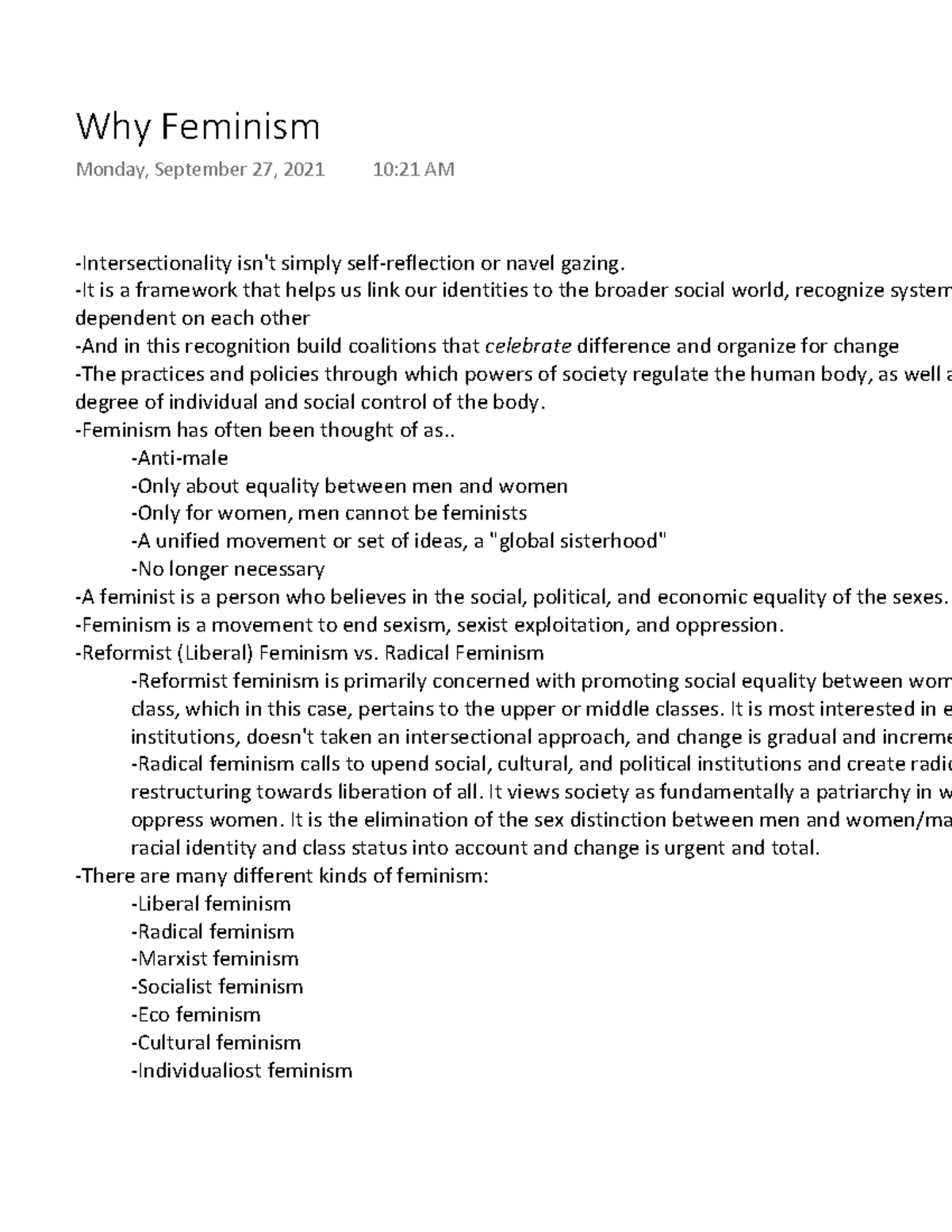 Why Feminism - Lecture notes -Intersectionality isn't simply self ...