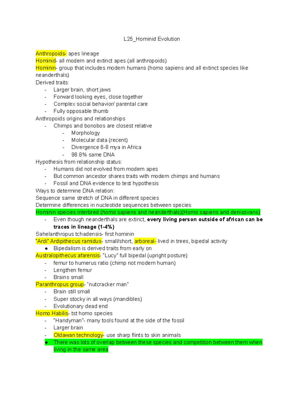 L25 Hominid Evolution - Lecture 25 notes Dr. Ngeve. - L25_Hominid ...