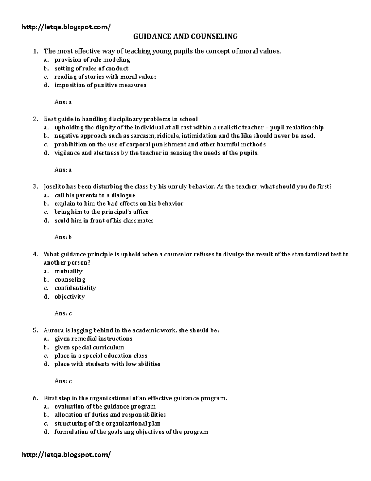 Guidance - Lecture notes 14 - GUIDANCE AND COUNSELING 1. The most ...