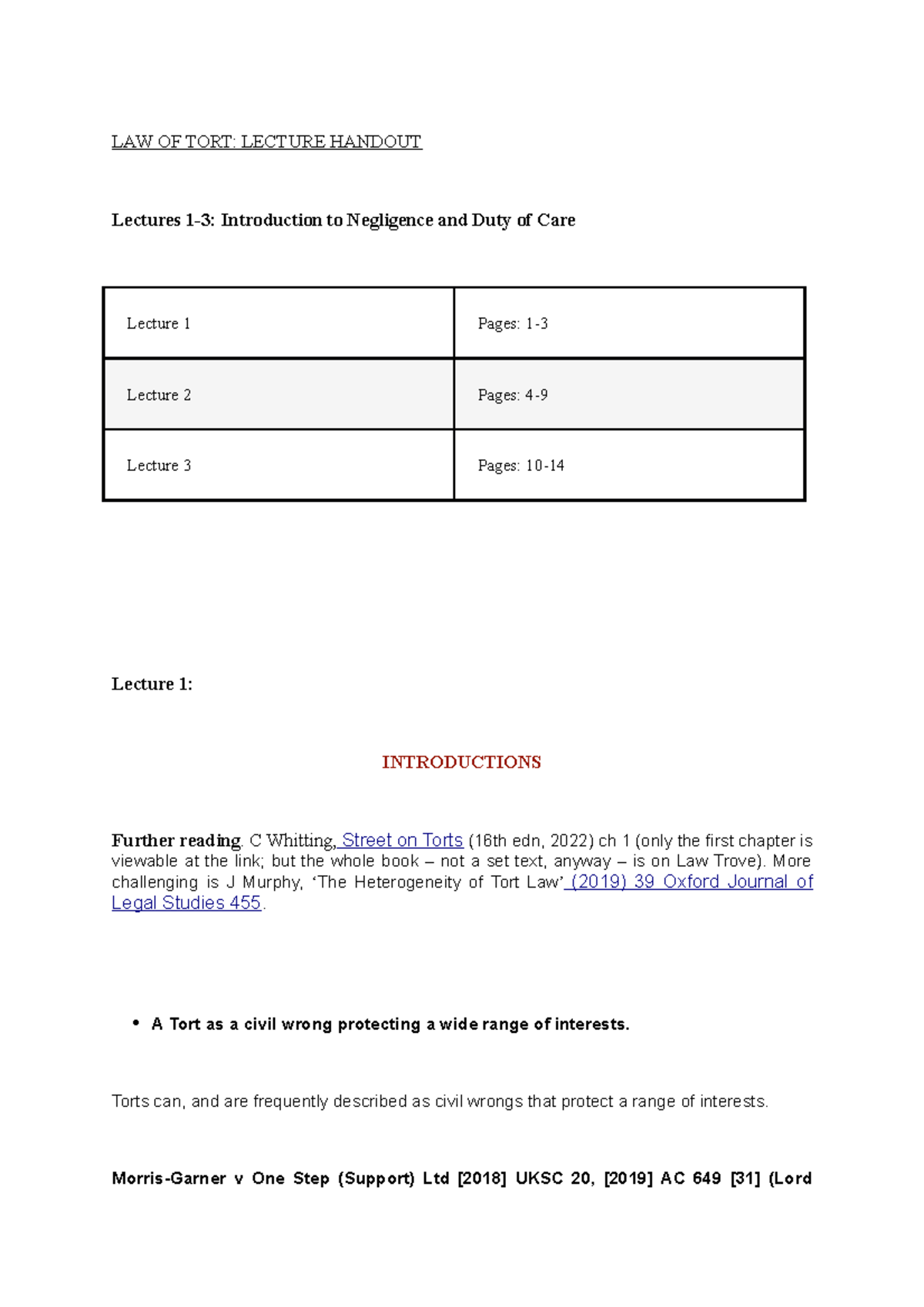 Tort Law Week 1 Lecture 1-3 - LAW OF TORT: LECTURE HANDOUT Lectures 1-3: Introduction to ...