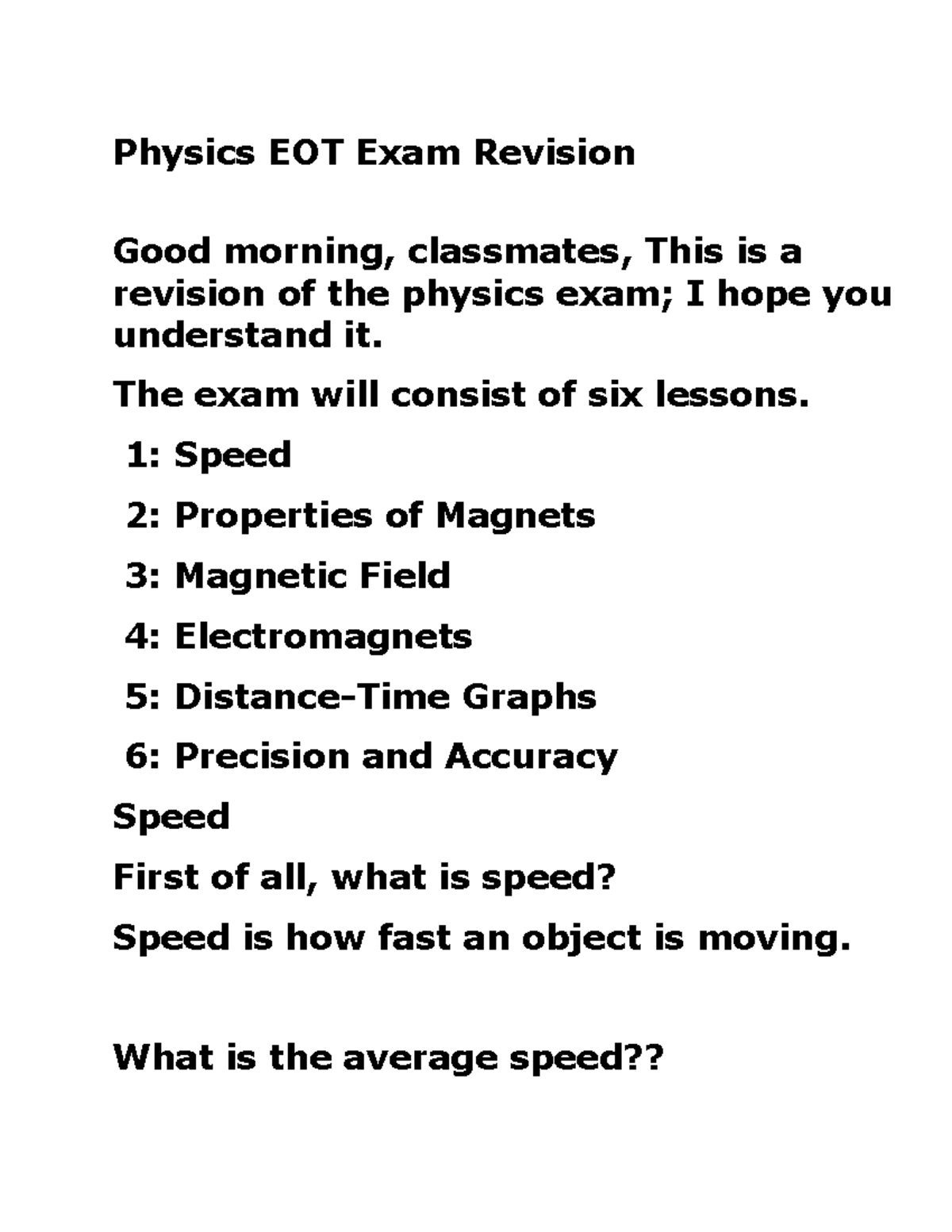 Final Physics R - Physics EOT Exam Revision Good morning, classmates ...