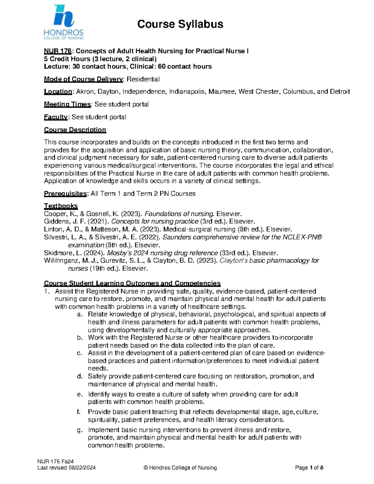 NUR 176 Syllabus Fa24 - sylabbus - Course Syllabus NUR 17 6 Fa 24 NUR ...