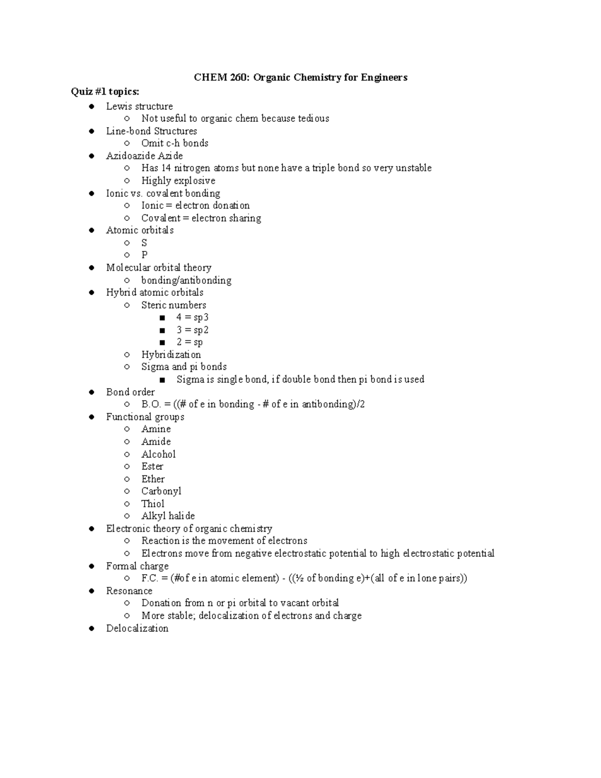 CHEM 260 Quiz 1 Topics - CHEM 260: Organic Chemistry for Engineers Quiz ...